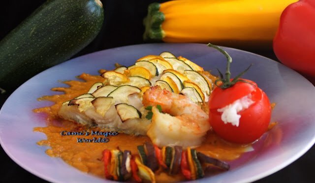 Zackenbarsch mit zucchinischuppen auf ratatouillesauce - Rezept Petitchef